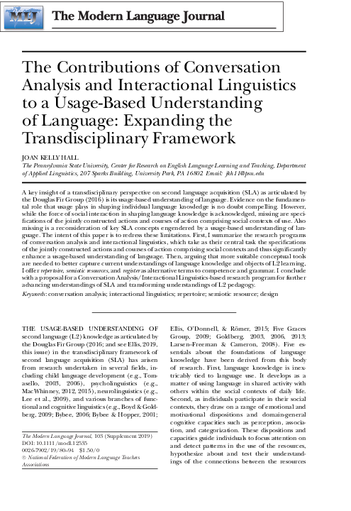(PDF) The Contributions of Conversation Analysis and Interactional Linguistics to a Usage-Based ...