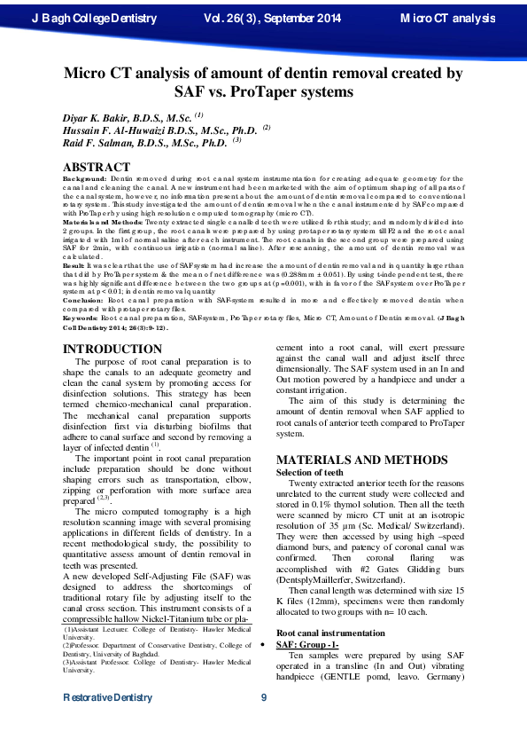 (PDF) Micro CT Analysis of Amount of Dentin Removal Created by SAF vs. ProTaper Systems