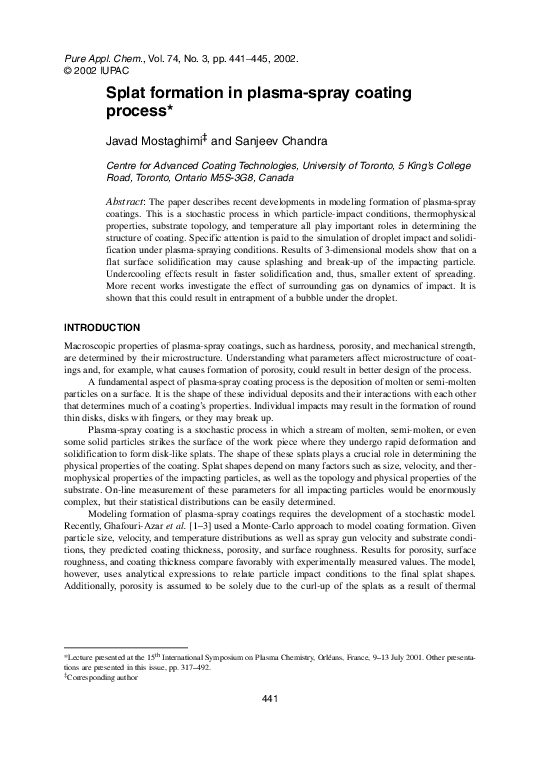 (PDF) Splat formation in plasma-spray coating process (PDF) Splat formation in plasma-spray coating process
