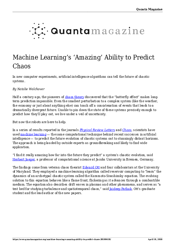 (PDF) Machine Learning’s ‘Amazing’ Ability to Predict Chaos