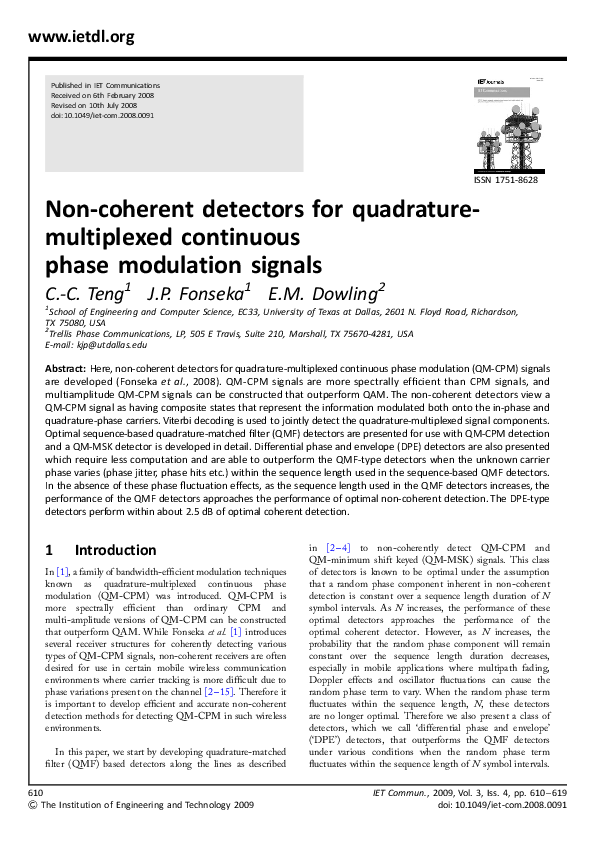 Pdf Non Coherent Detectors For Quadrature Multiplexed Continuous Phase Modulation Signals