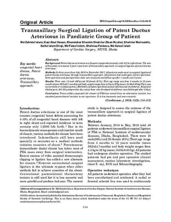 (PDF) Transaxillary Surgical Ligation of Patent Ductus Arteriosus in ...