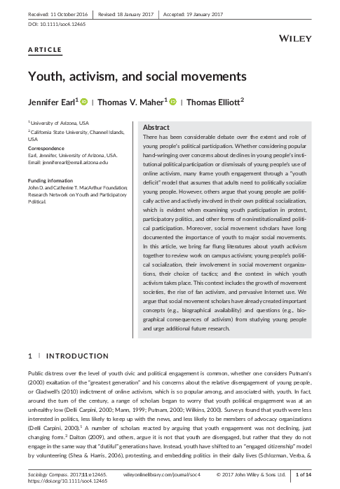(PDF) Youth, activism, and social movements