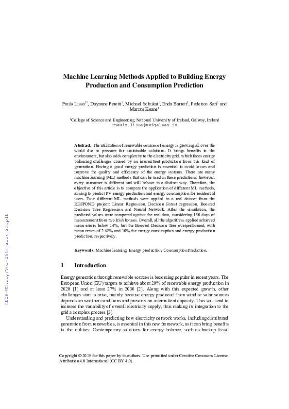 (PDF) Machine Learning Methods Applied to Building Energy Production and Consumption Prediction