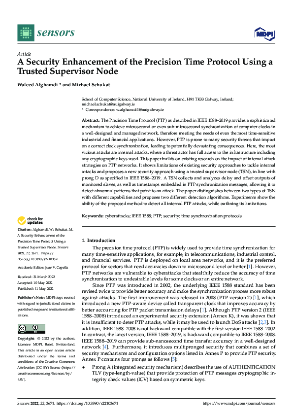 (PDF) A Security Enhancement of the Precision Time Protocol Using a Trusted Supervisor Node