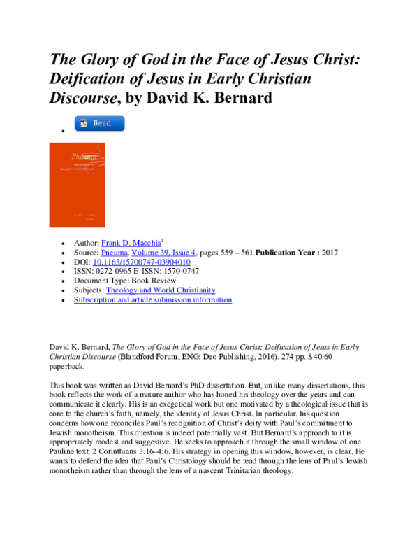(PDF) "The Glory of God in the Face of Jesus Christ: Deification of ...