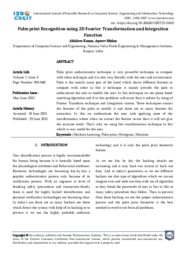 Pdf Palm Print Recognition Using 2d Fourier Transformation And Integration Function