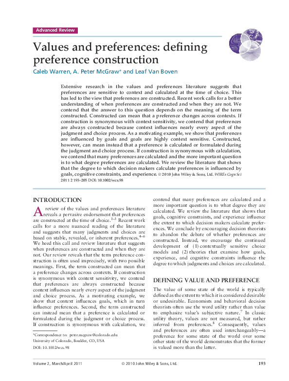 (PDF) Values and preferences: defining preference construction