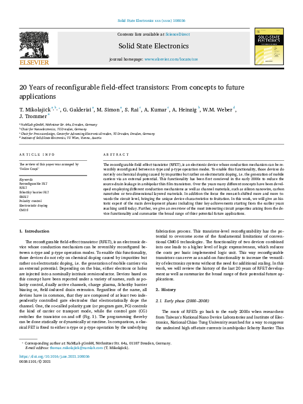 Pdf 20 Years Of Reconfigurable Field Effect Transistors From Concepts To Future Applications