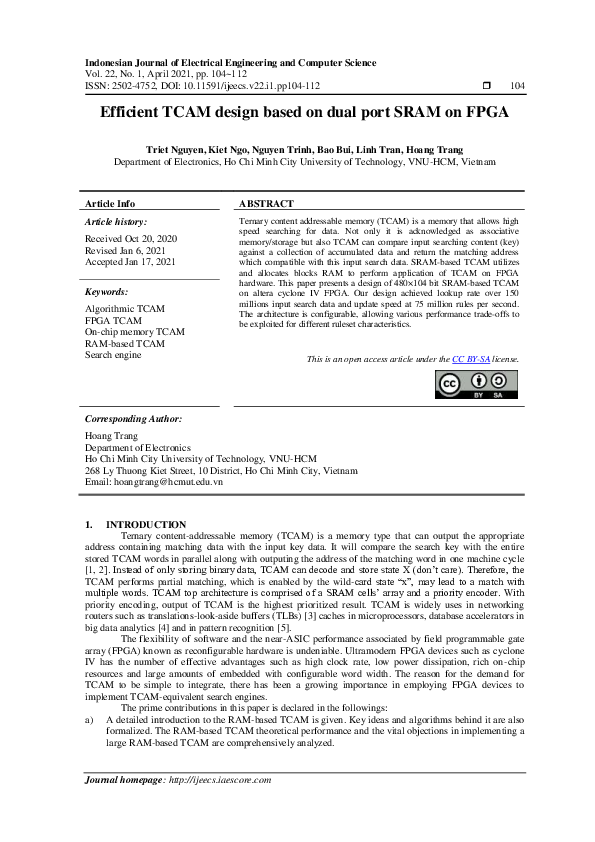 (PDF) Efficient TCAM design based on dual port SRAM on FPGA