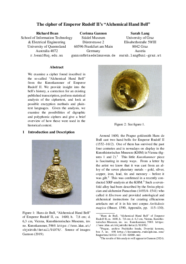 (PDF) The Cipher of Emperor Rudolf II's "Alchemical Hand Bell"