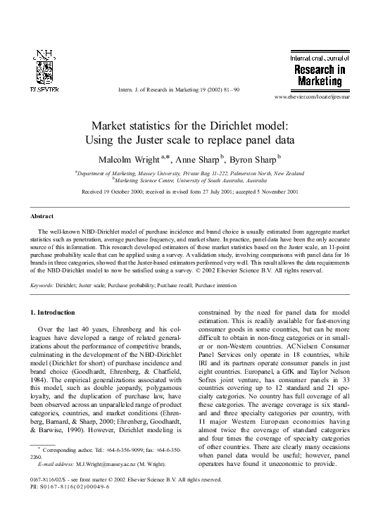 (PDF) Market statistics for the Dirichlet model: Using the Juster scale to replace panel data