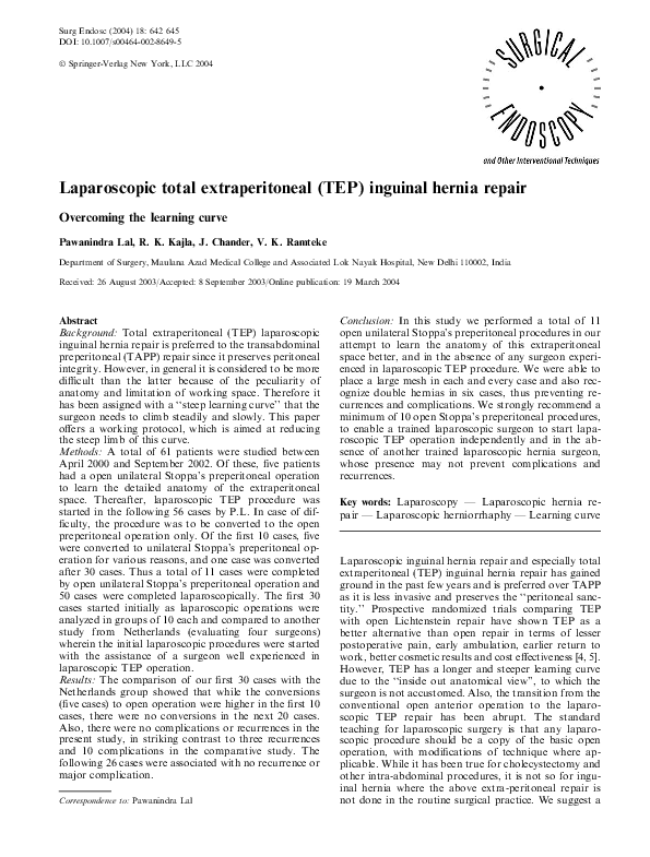 (PDF) Laparoscopic Total Extraperitoneal (TEP) Inguinal Hernia Repair Under Epidural Anesthesia ...