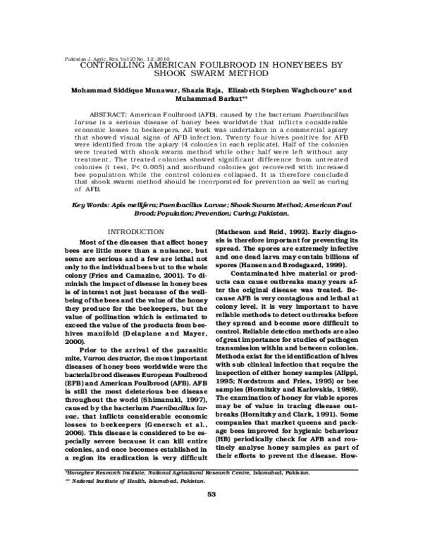 (PDF) Controlling American foulbrood in honeybees by shook swarm method
