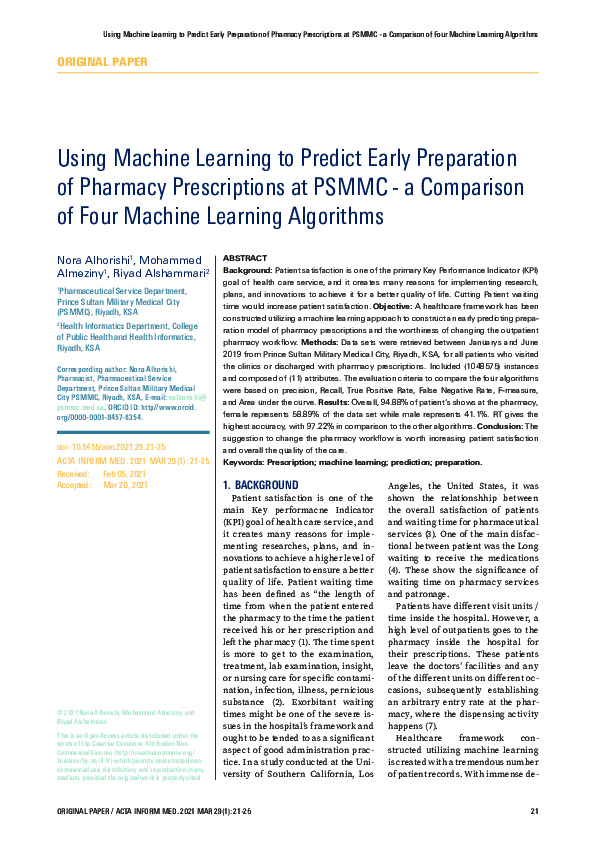 (PDF) Using Machine Learning to Predict Early Preparation of Pharmacy Prescriptions at PSMMC - a ...