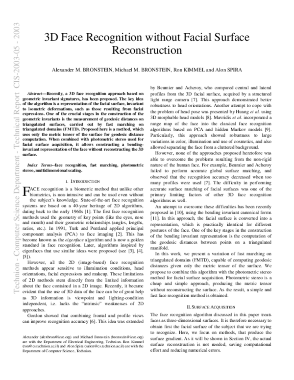Pdf 3d Face Recognition Without Facial Surface Reconstruction