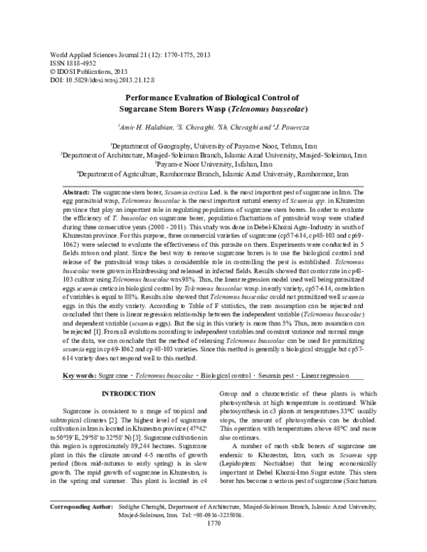(PDF) Assessment of Natural Parasitism of Sugarcane Moth Borers Sesamia ...