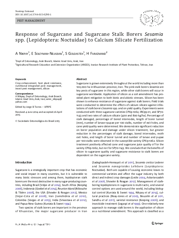 (PDF) Response of Sugarcane and Sugarcane Stalk Borers Sesamia spp ...