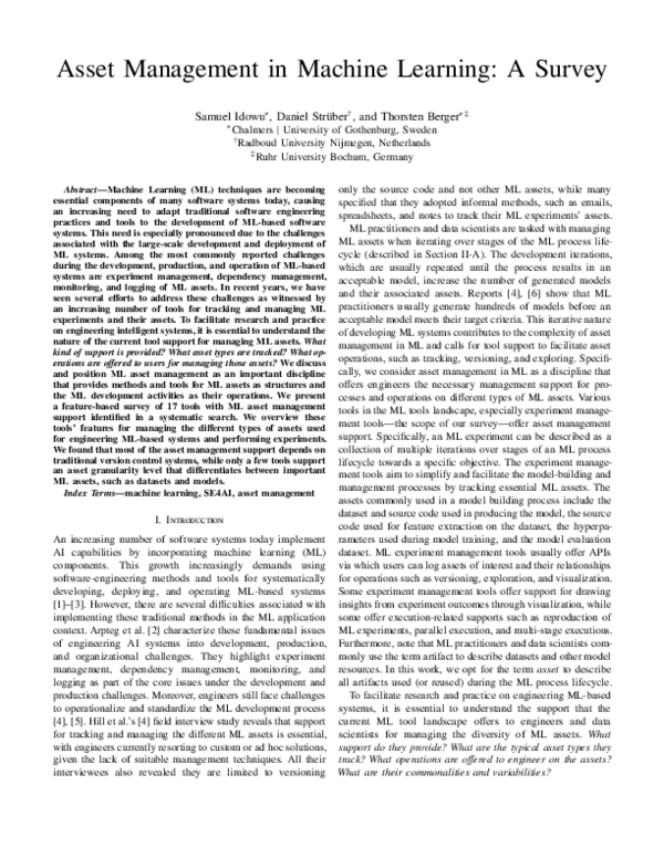 (PDF) Asset Management in Machine Learning: A Survey