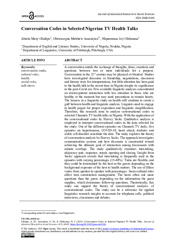 (PDF) Conversation Codes in Selected Nigerian TV Health Talks