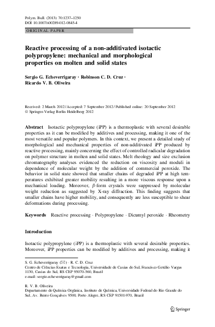 (PDF) Reactive processing of a non-additivated isotactic polypropylene: mechanical and ...