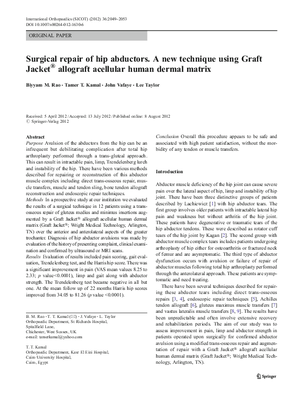 (PDF) Surgical repair of hip abductors. A new technique using Graft ...