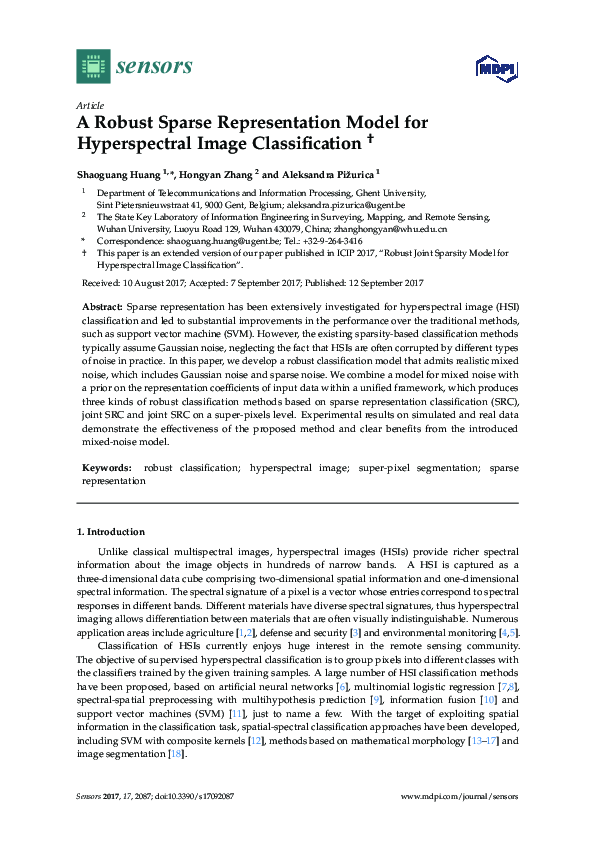(PDF) A Robust Sparse Representation Model for Hyperspectral Image Classification