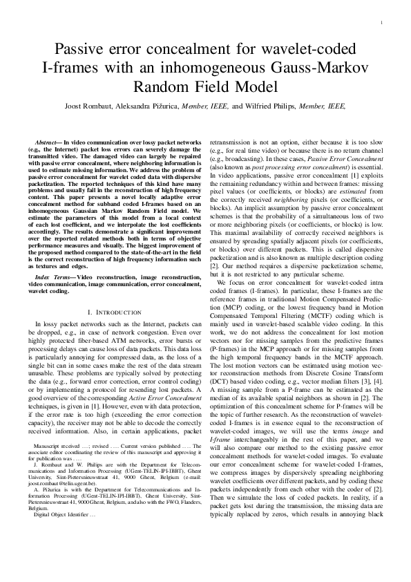 Pdf Passive Error Concealment For Wavelet Coded I Frames With An