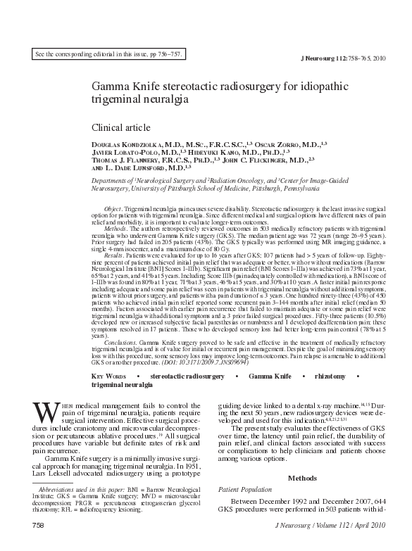 (PDF) Gamma Knife stereotactic radiosurgery for idiopathic trigeminal ...