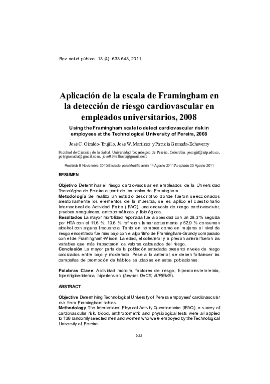 (PDF) Using the Framingham scale to detect cardiovascular risk in ...