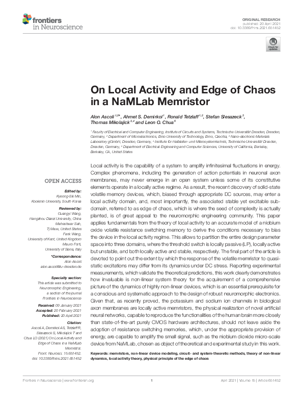 (PDF) On Local Activity and Edge of Chaos in a NaMLab Memristor