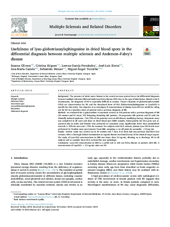 (PDF) Usefulness of lyso-globotriaosylsphingosine in dried blood spots in the differential ...