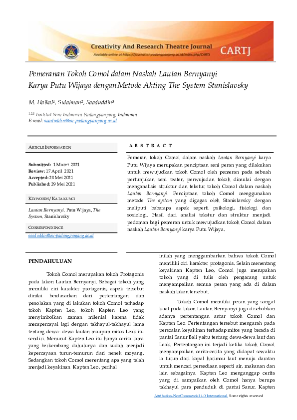 (PDF) Pemeranan Tokoh Comol dalam Naskah Lautan Bernyanyi Karya Putu Wijaya dengan Metode Akting ...
