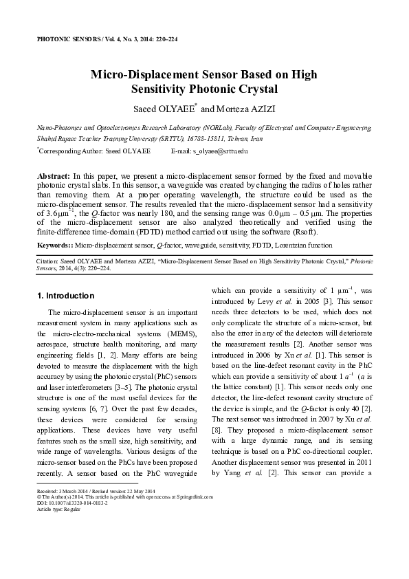 (PDF) Micro-displacement sensor based on high sensitivity photonic crystal