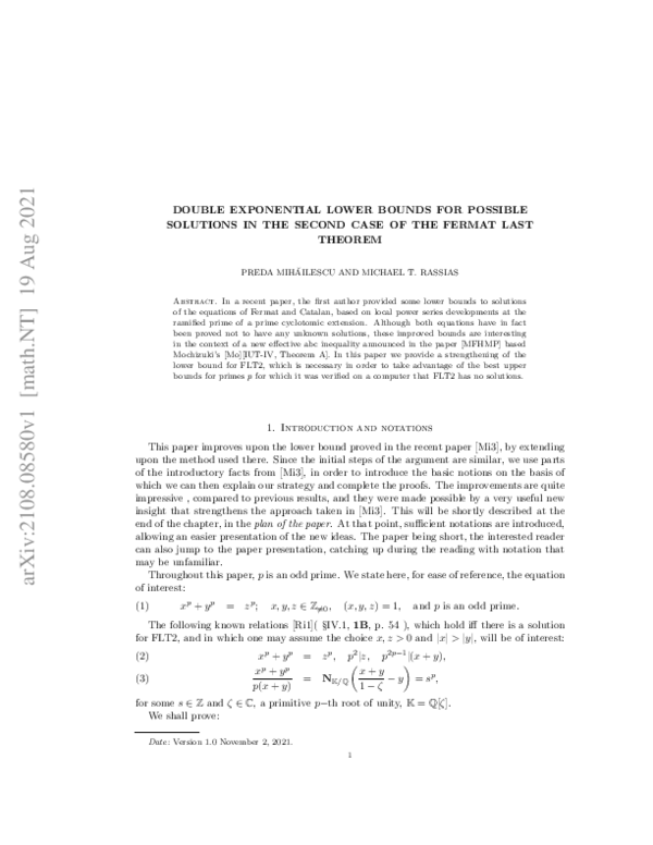(PDF) Double exponential lower bounds for possible solutions in the Second Case of the Fermat ...