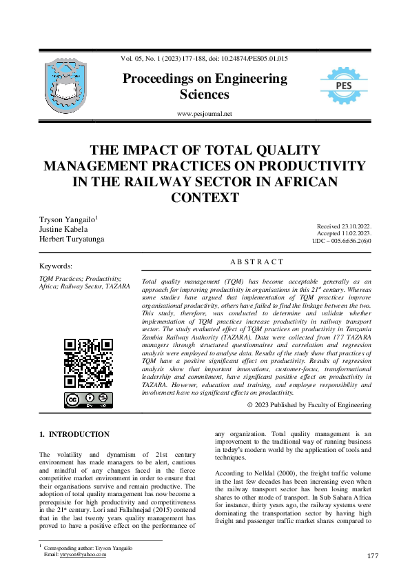 (PDF) The Impact of Total Quality Management Practices on Productivity in the Railway Sector in ...