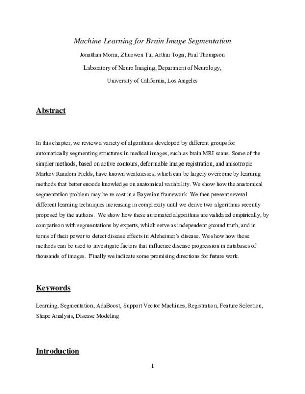 (PDF) Machine Learning for Brain Image Segmentation