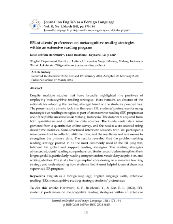 (PDF) EFL students’ preferences on metacognitive reading strategies within an extensive reading ...