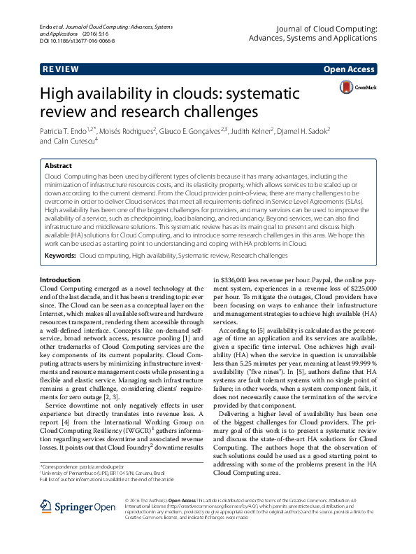 (PDF) High availability in clouds: systematic review and research ...