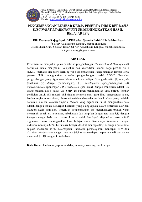 (PDF) Pengembangan Lembar Kerja Peserta Didik Berbasis Discovery Learning Untuk Meningkatkan ...