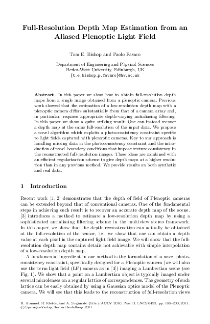 (PDF) Full-Resolution Depth Map Estimation from an Aliased Plenoptic Light Field | Tom Bishop ...