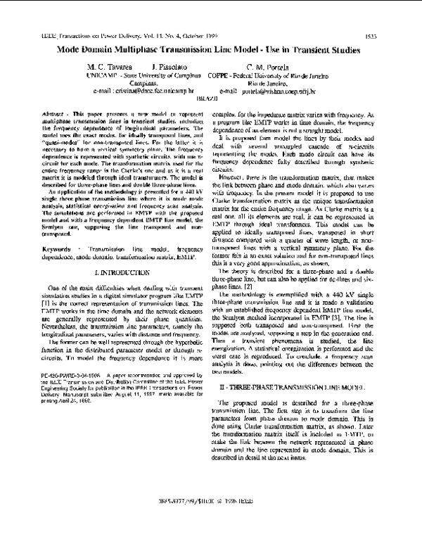 (PDF) Mode domain multiphase transmission line model-use in transient ...