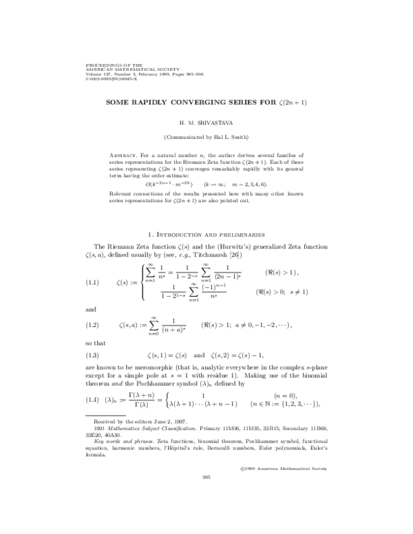 Pdf Some Rapidly Converging Series For Zeta 2n 1