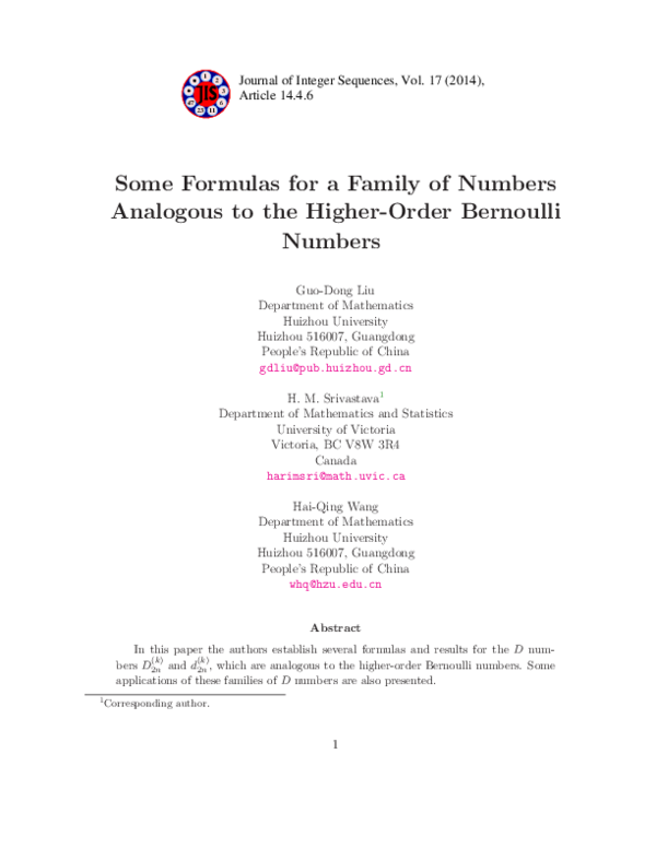 (PDF) Some Formulas for a Family of Numbers Analogous to the Higher-Order Bernoulli Numbers