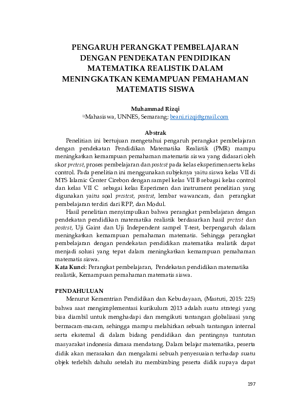 (PDF) Pengaruh Perangkat Pembelajaran Dengan Pendekatan Pendidikan Matematika Realistik Dalam ...