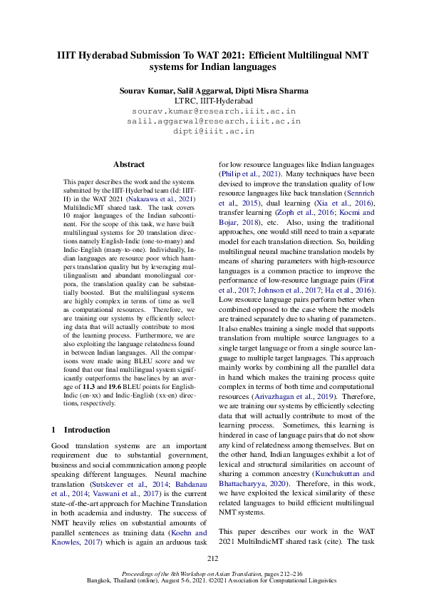 (PDF) IIIT Hyderabad Submission To WAT 2021: Efficient Multilingual NMT ...