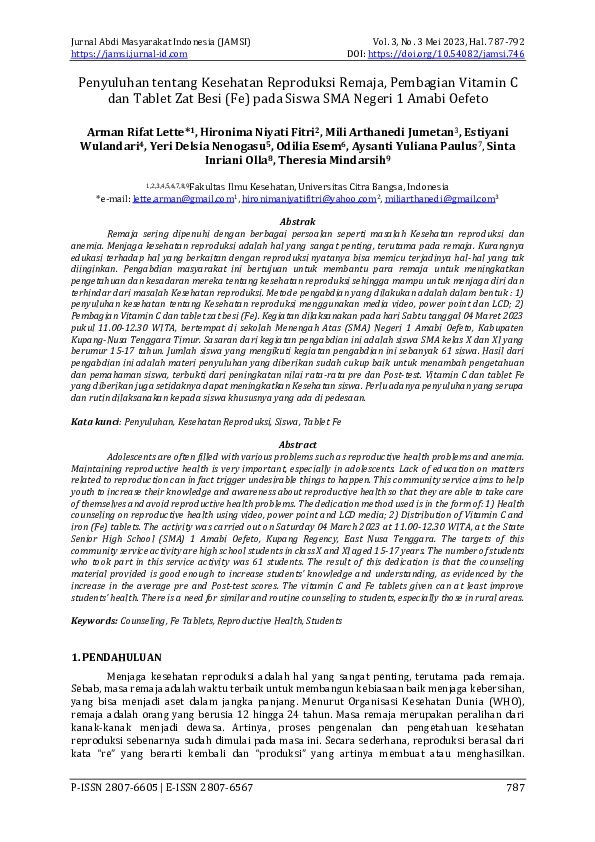 (PDF) Penyuluhan tentang Kesehatan Reproduksi Remaja, Pembagian Vitamin C dan Tablet Zat Besi ...