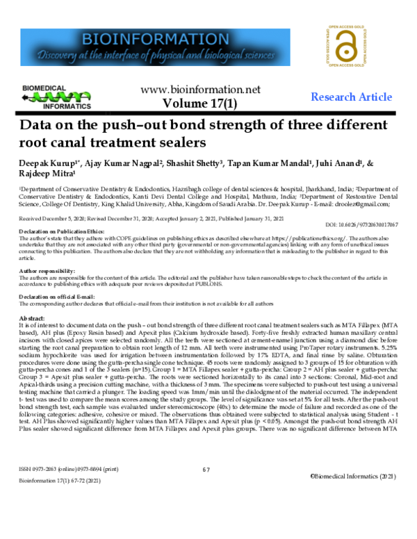 (PDF) Data on the push out bond strength of three different root canal treatment sealers
