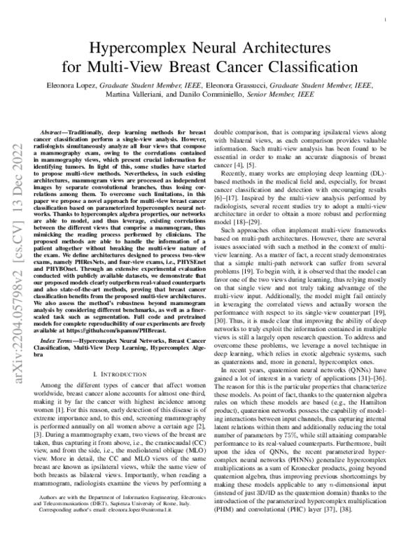 (PDF) Hypercomplex Neural Architectures for Multi-View Breast Cancer Classification