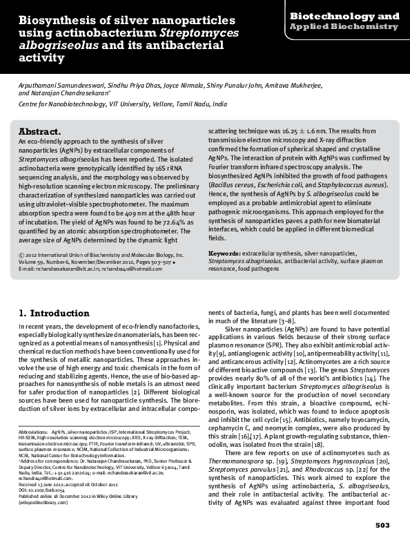 (PDF) Biosynthesis of silver nanoparticles using actinobacteriumStreptomyces albogriseolusand ...